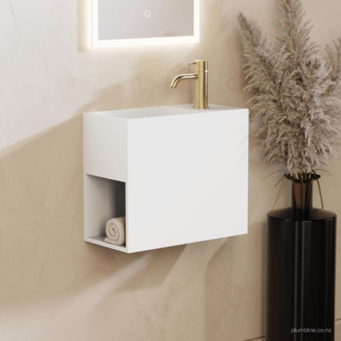 PLUMBLINE AXA 450 MINI WALL BASIN WITH SHELF – Elite Bathroomware